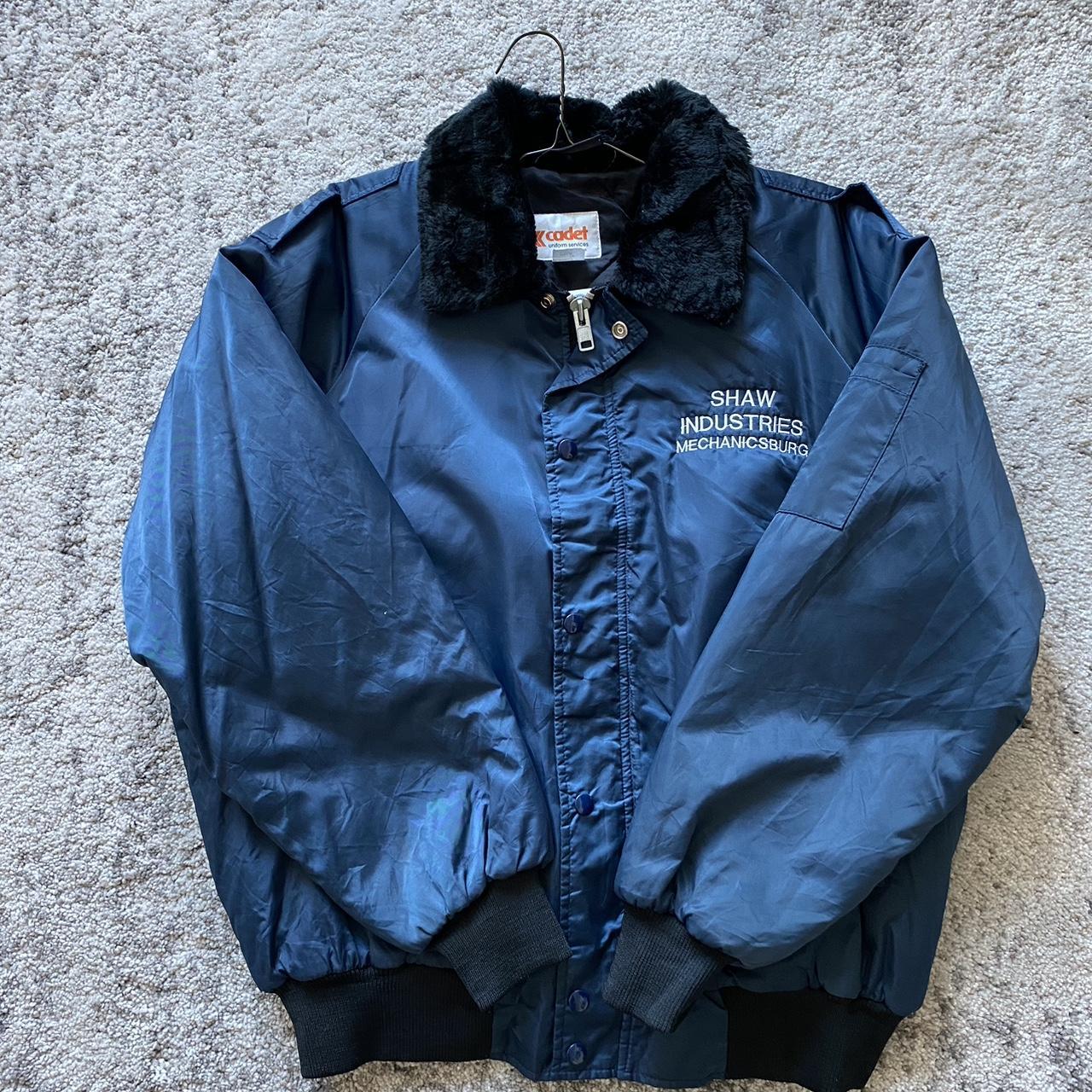 Blue vintage 90s bomber jacket with faux fur collar... | Depop