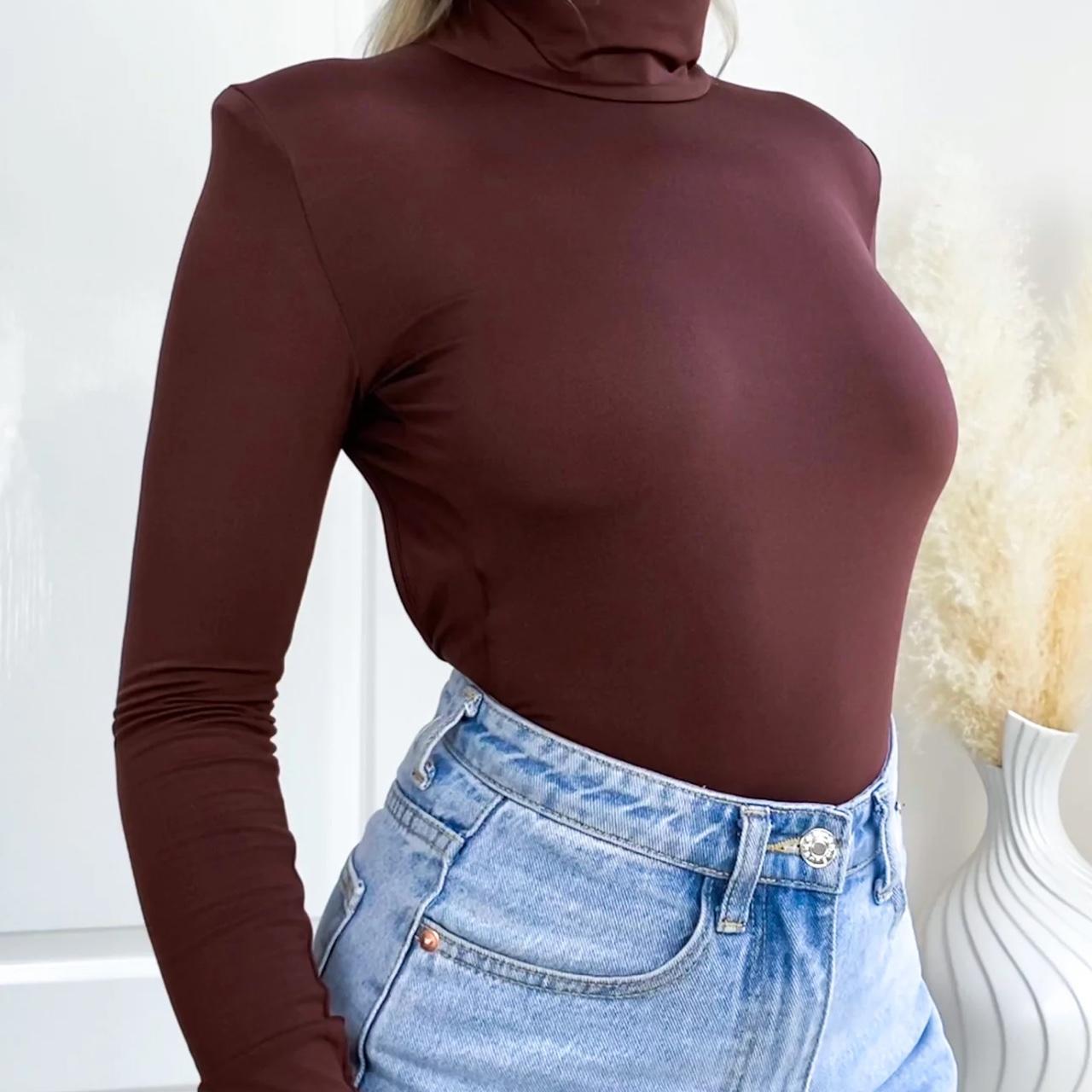 Brown backless bodysuit with polo neck Available... - Depop