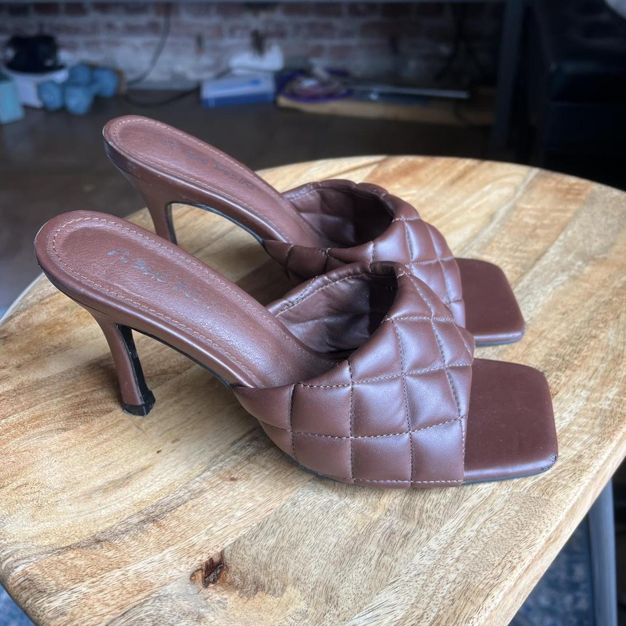brown puffer mule heel worn twice but has some... - Depop