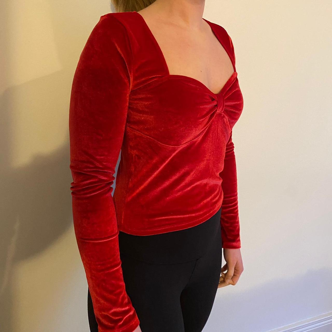 Red Velvet Bow Square Neck Long Sleeve Top from... - Depop