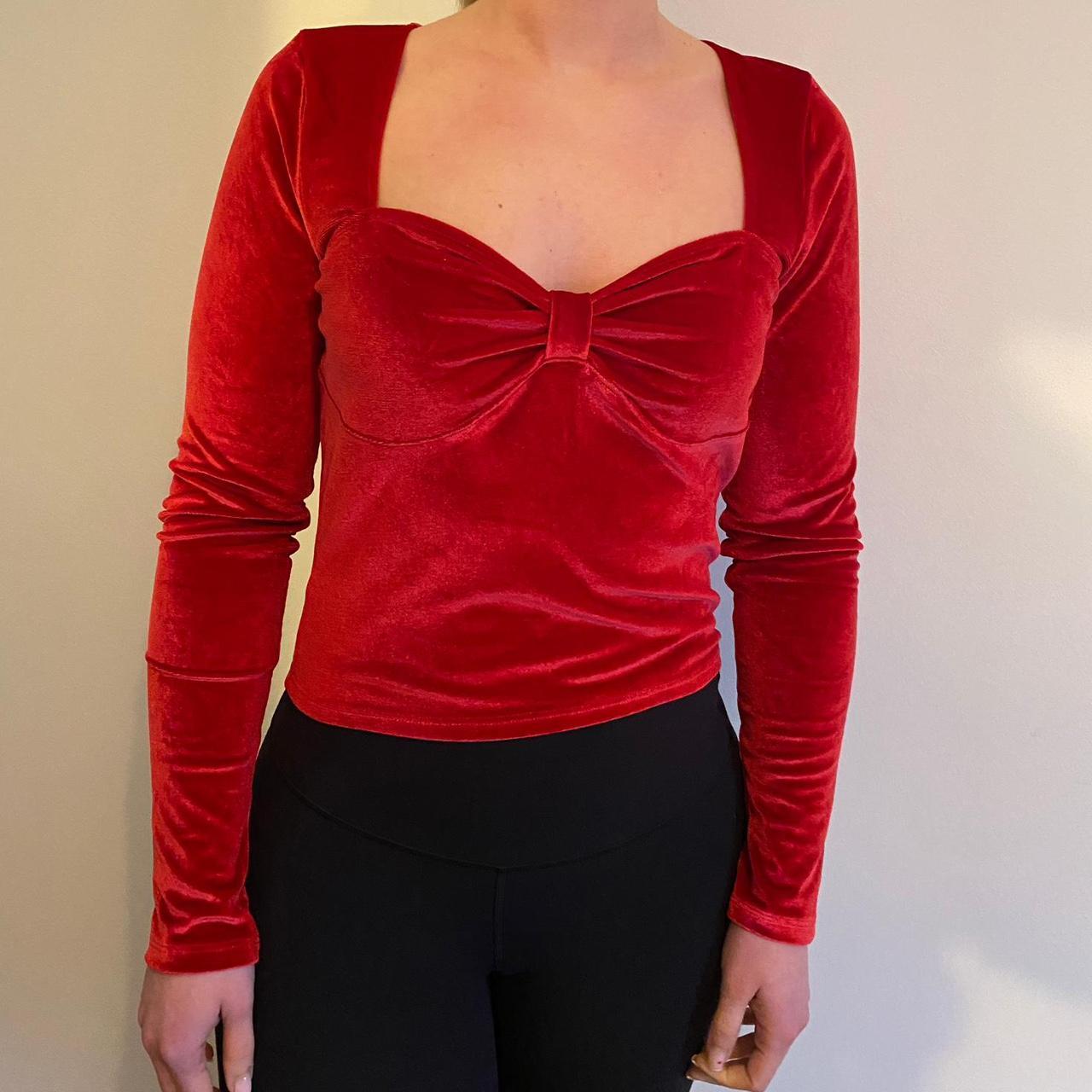 Red Velvet Bow Square Neck Long Sleeve Top from... - Depop