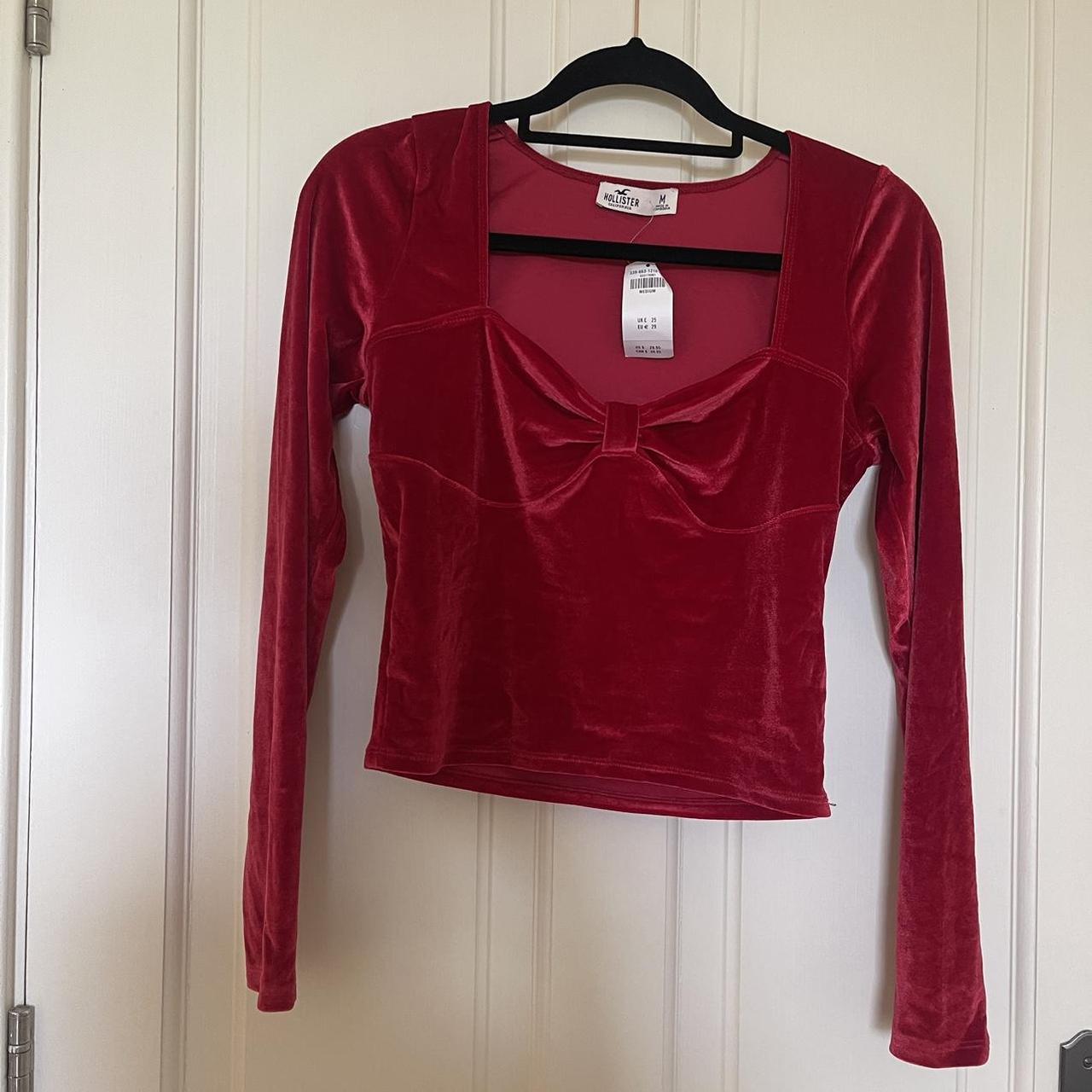 Red Velvet Bow Square Neck Long Sleeve Top from... - Depop