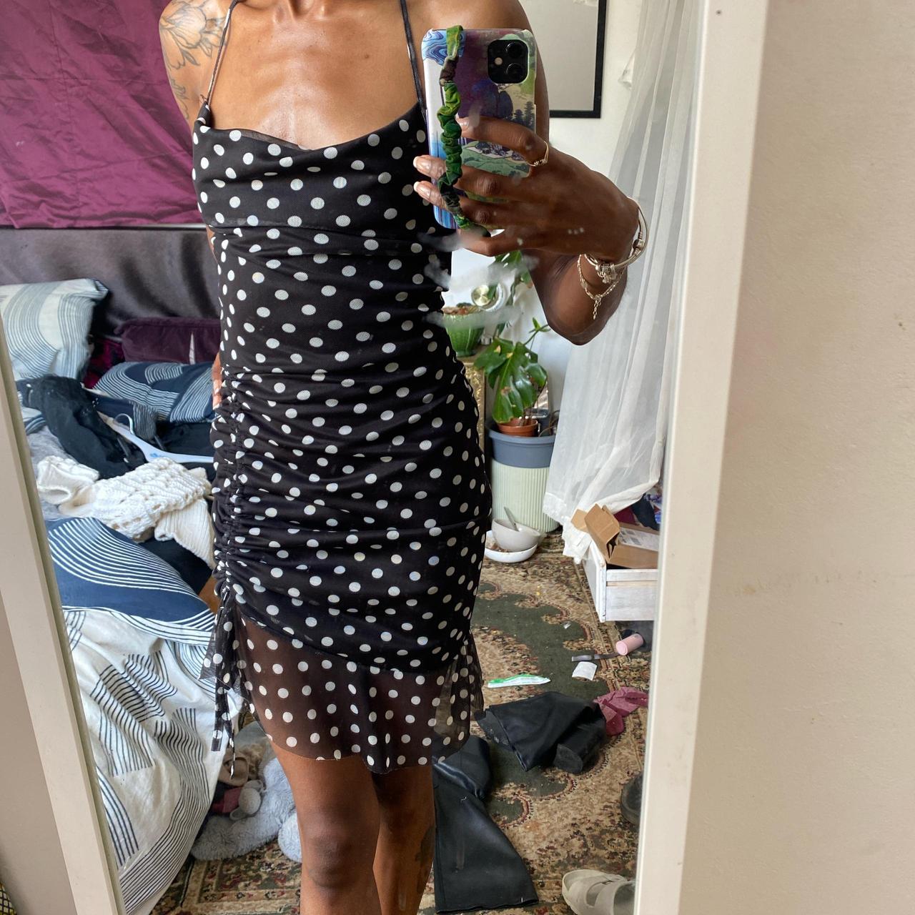 PrettyLittleThing tie halter neck cowl polka dot... - Depop