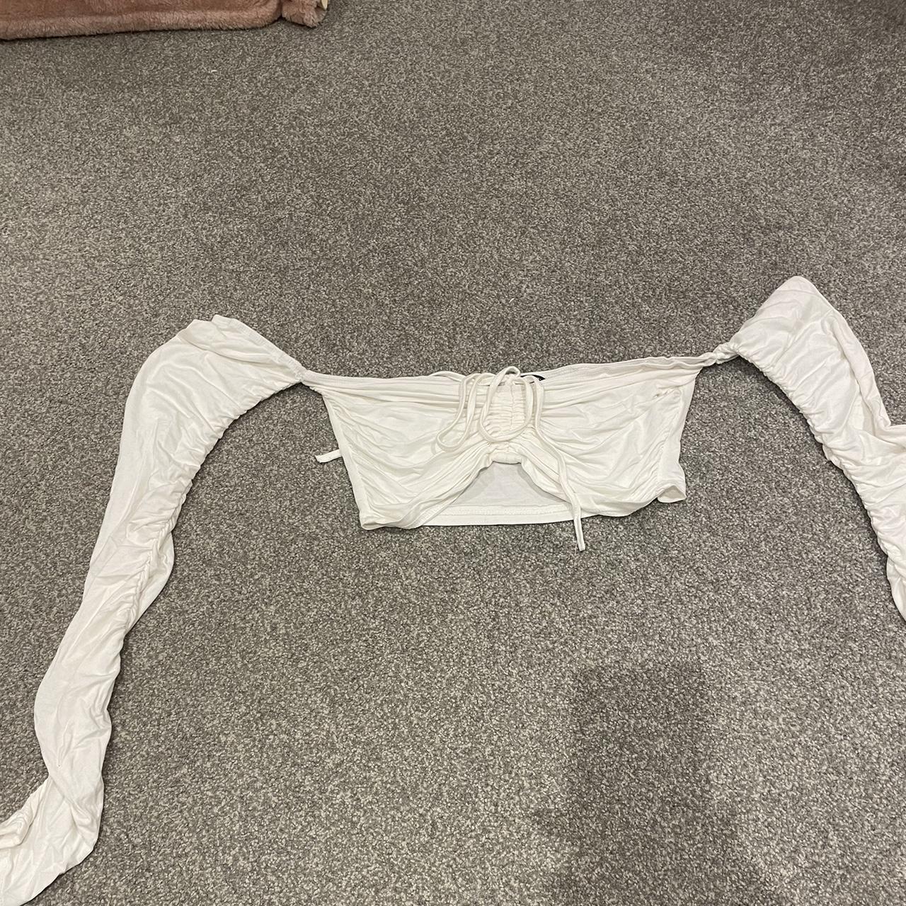 White ruched long sleeve Bardot top // size 10 //... - Depop