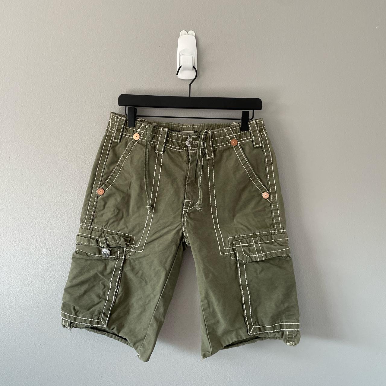 True Religion Men's Green and Khaki Shorts | Depop