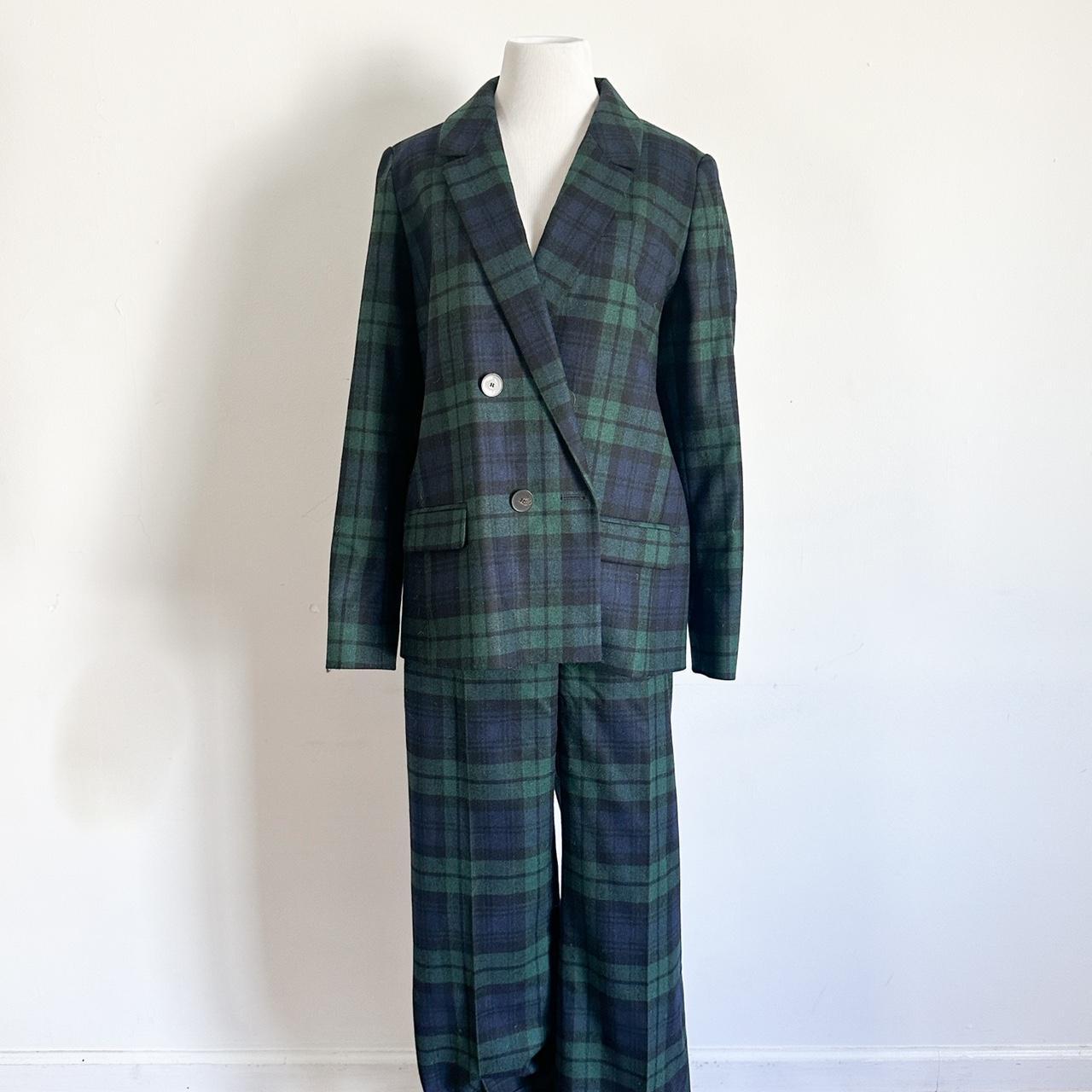 Sézane green/navy blue tartan plaid wool suit /... - Depop