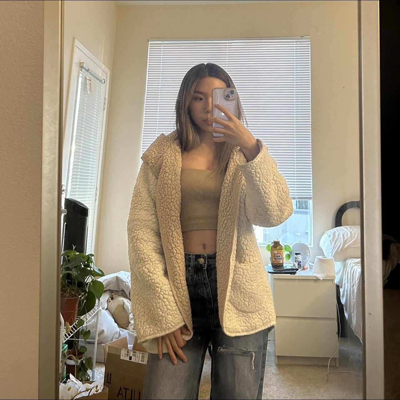 fluffy reversible fleece teddy jacket with hood - Depop