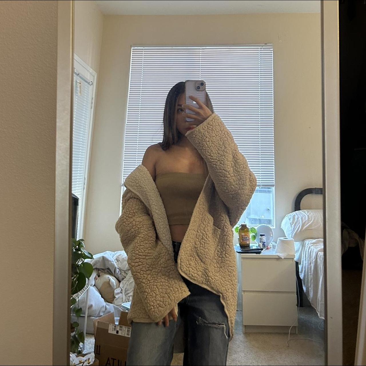 fluffy reversible fleece teddy jacket with hood - Depop