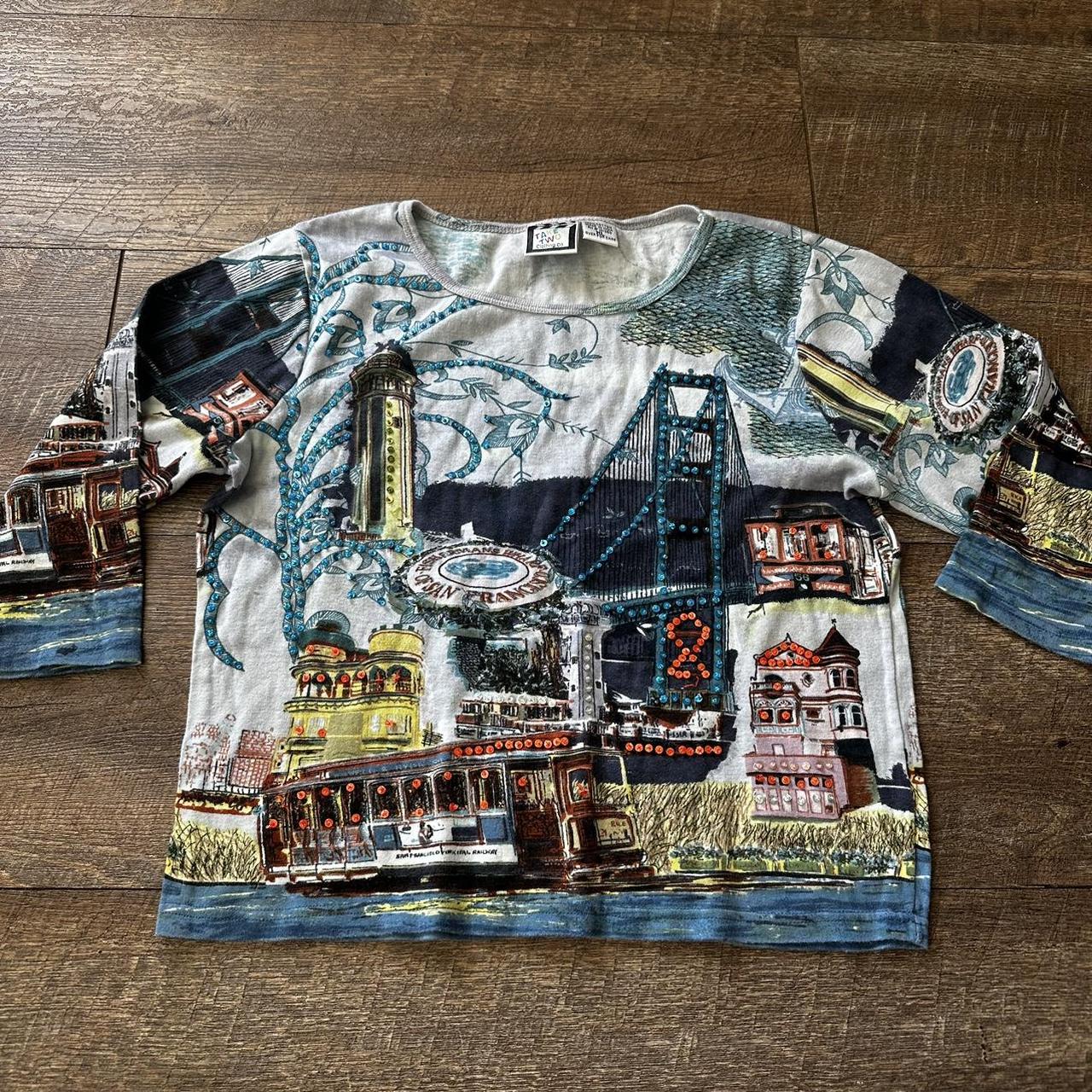 Y2K graphic aop top with sequins missing a few... - Depop