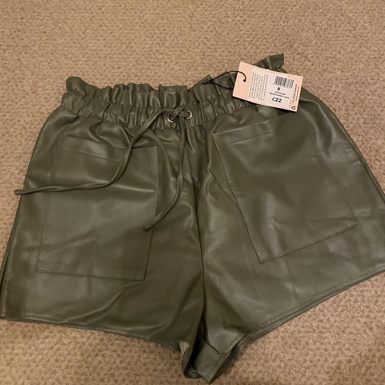 Khaki green pleather shorts. Brand new. - Depop