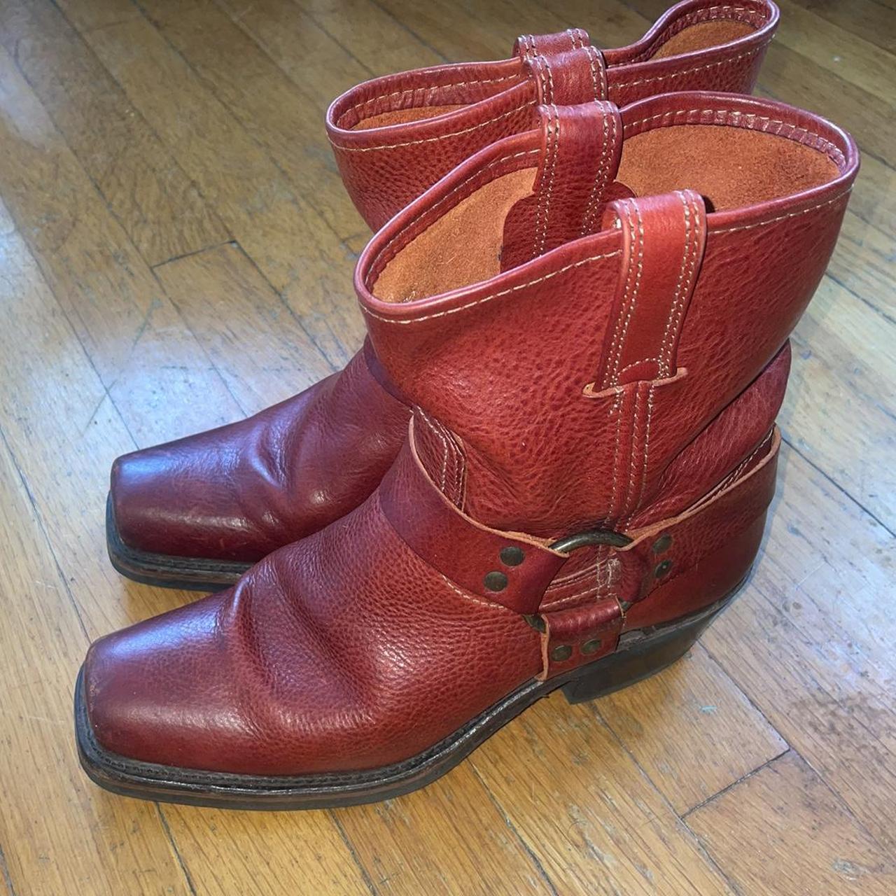 Excellent condition Frye Red Harness Boots Size 9... - Depop