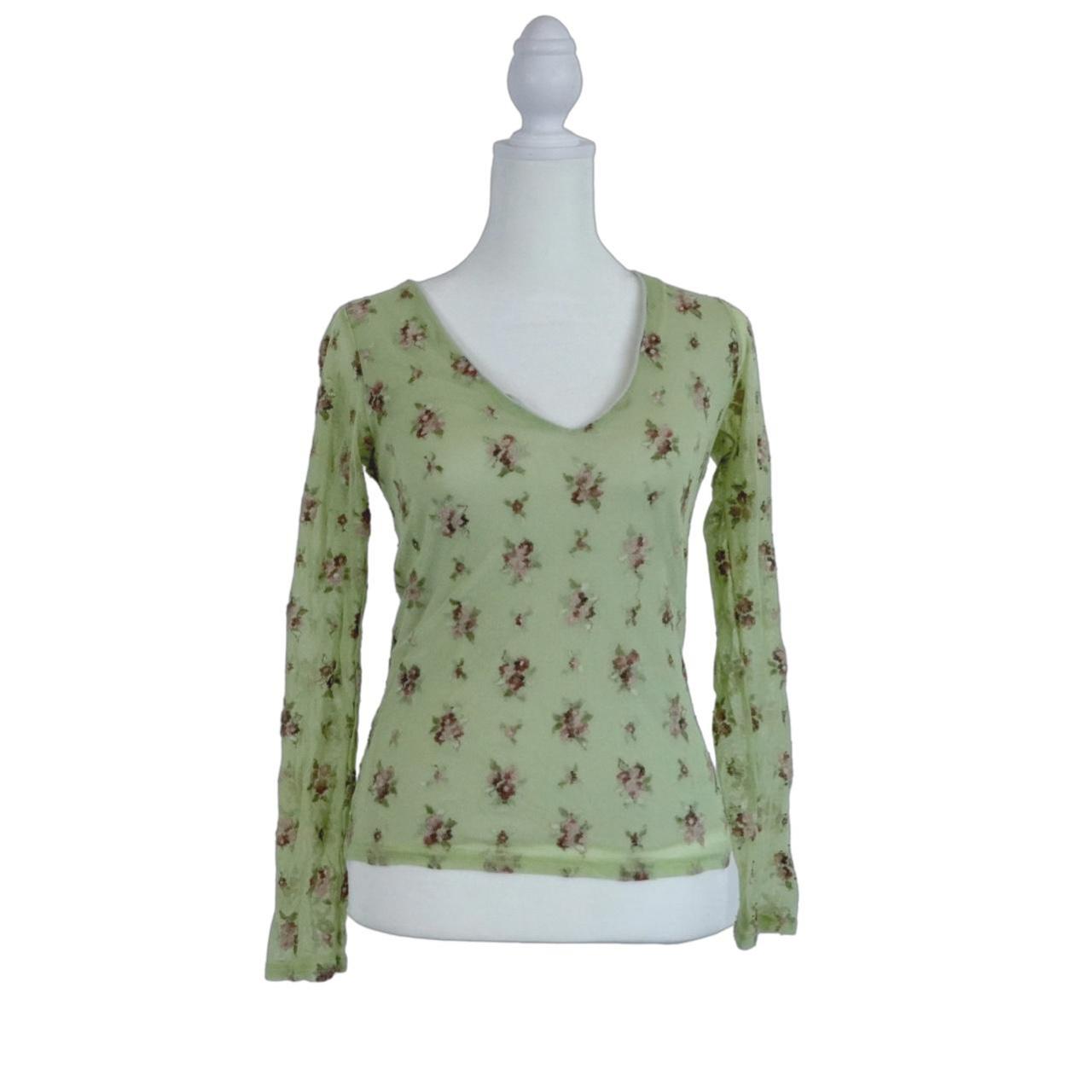 green floral long sleeve v neck top - Depop