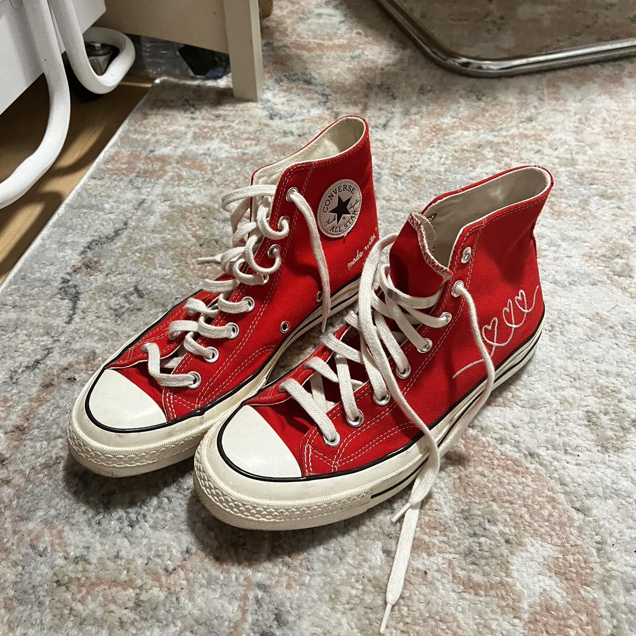 red converse high tops with heart detailing great... - Depop