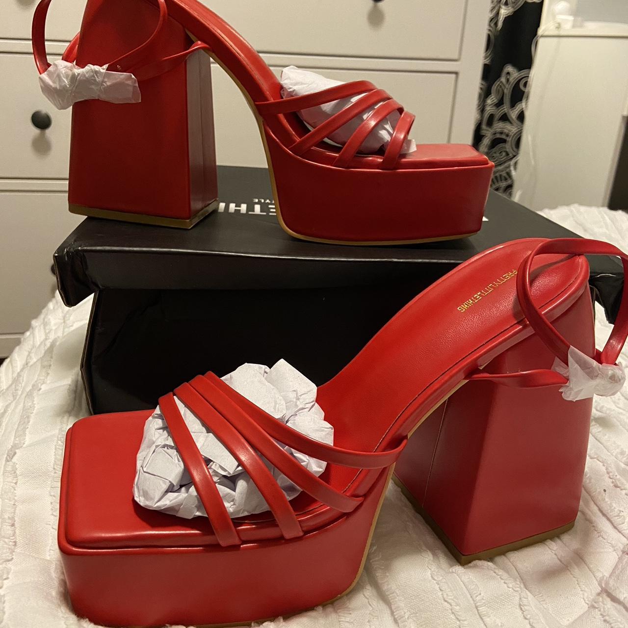 Red Square Toe Platform Strappy Heeled Sandals... - Depop