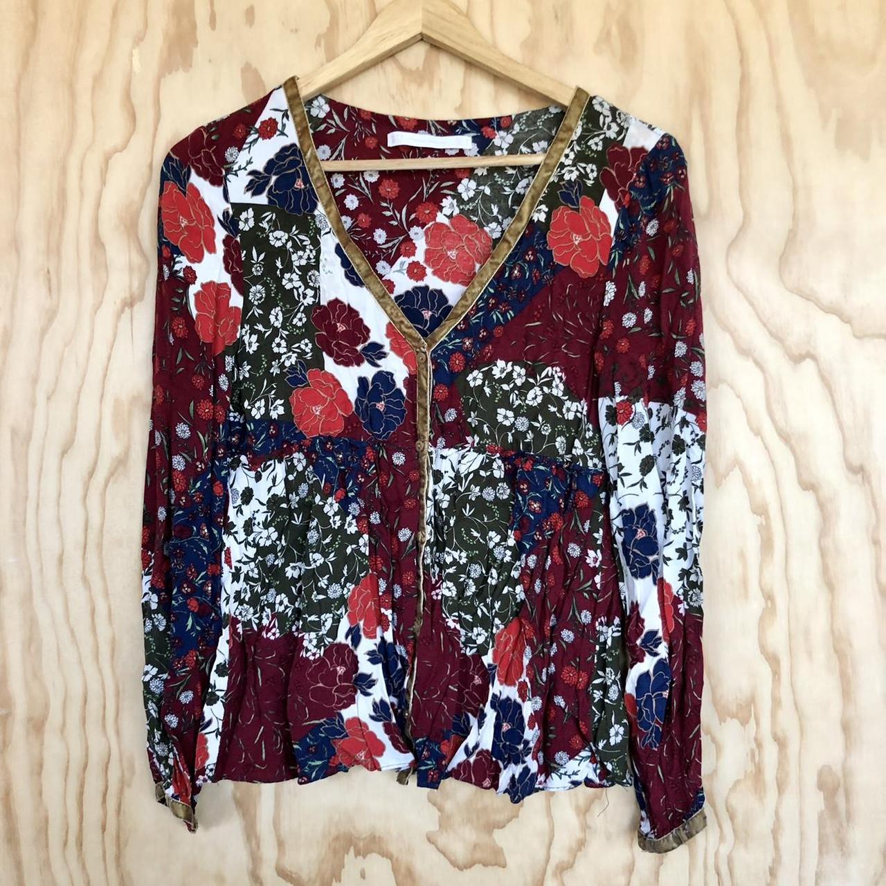 Zara • Colorful Floral Blouse V-Neck. Long sleeve.... - Depop