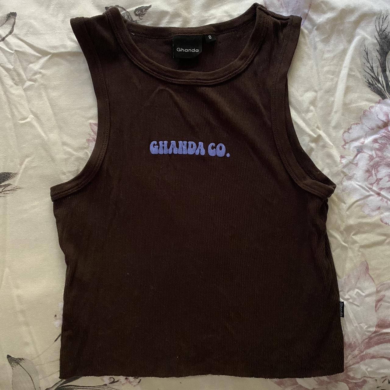 Ghanda brown tank top purple writing never worn💜... - Depop