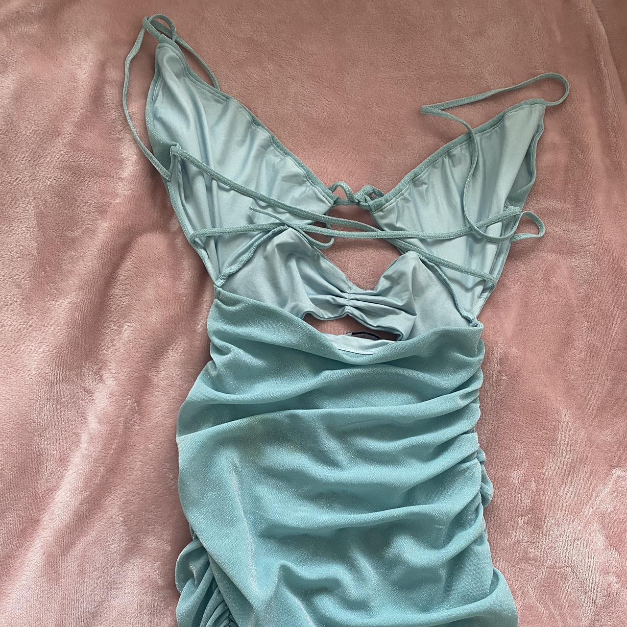 oh polly ruched cut out mini dress in aqua size 10... - Depop