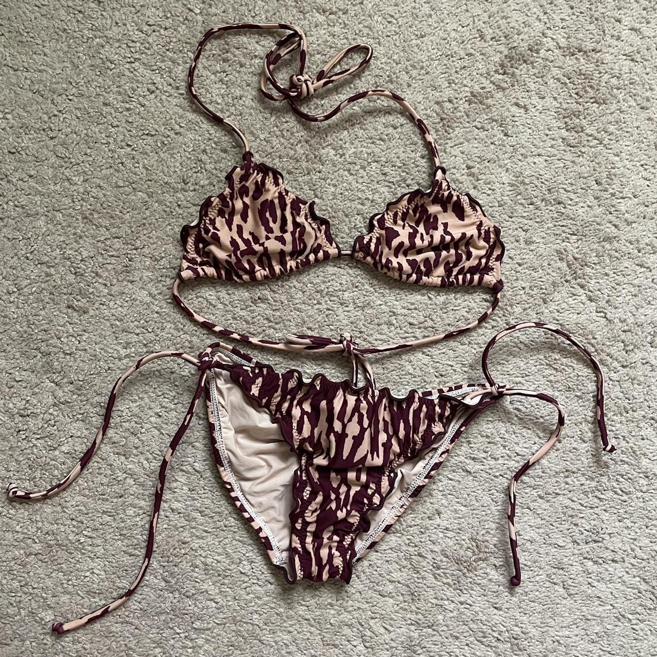 Pink patterned ruffle triangle tie bikini Recommend... - Depop