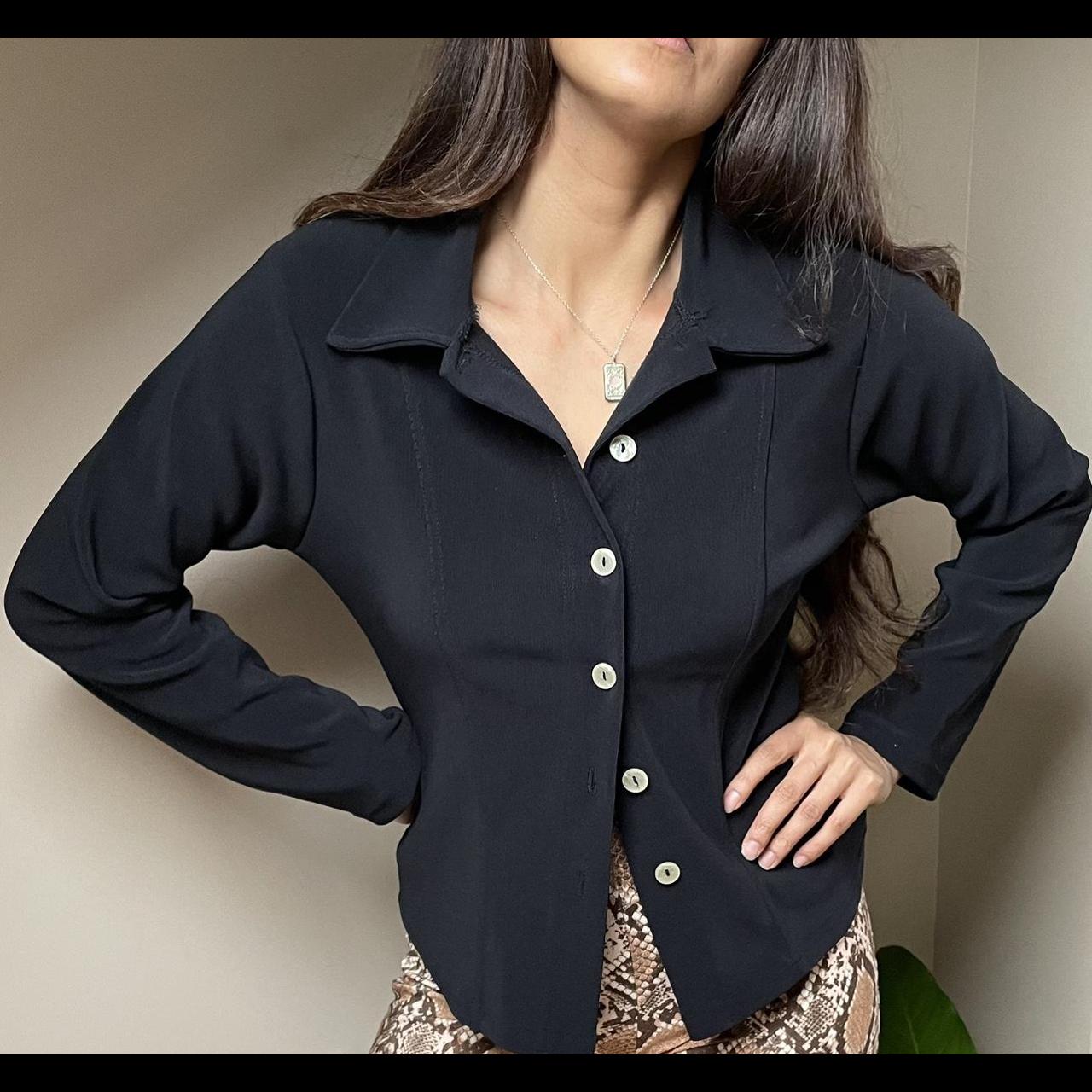 Vintage 2000s black button down shirt Knitted... - Depop