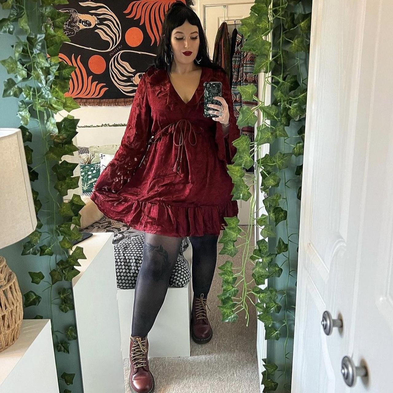 River Island Burgundy Red Velvet Devore Floral Frill... - Depop