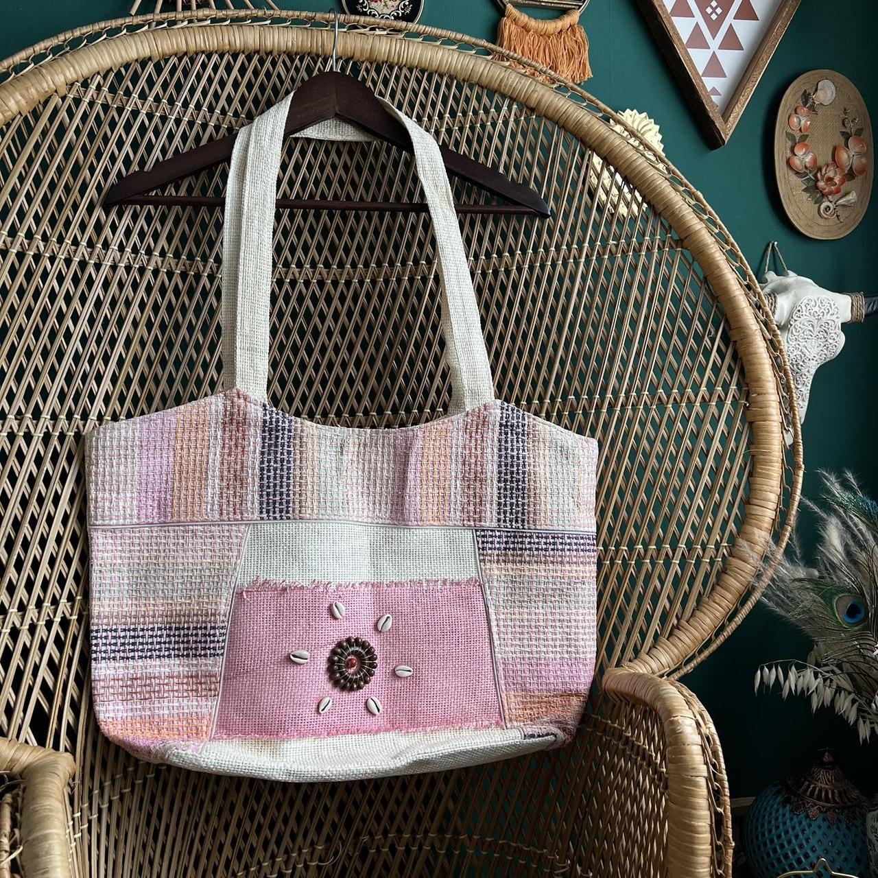 Vintage Cowrie Shell Beaded Pink Cream Straw Natural... - Depop