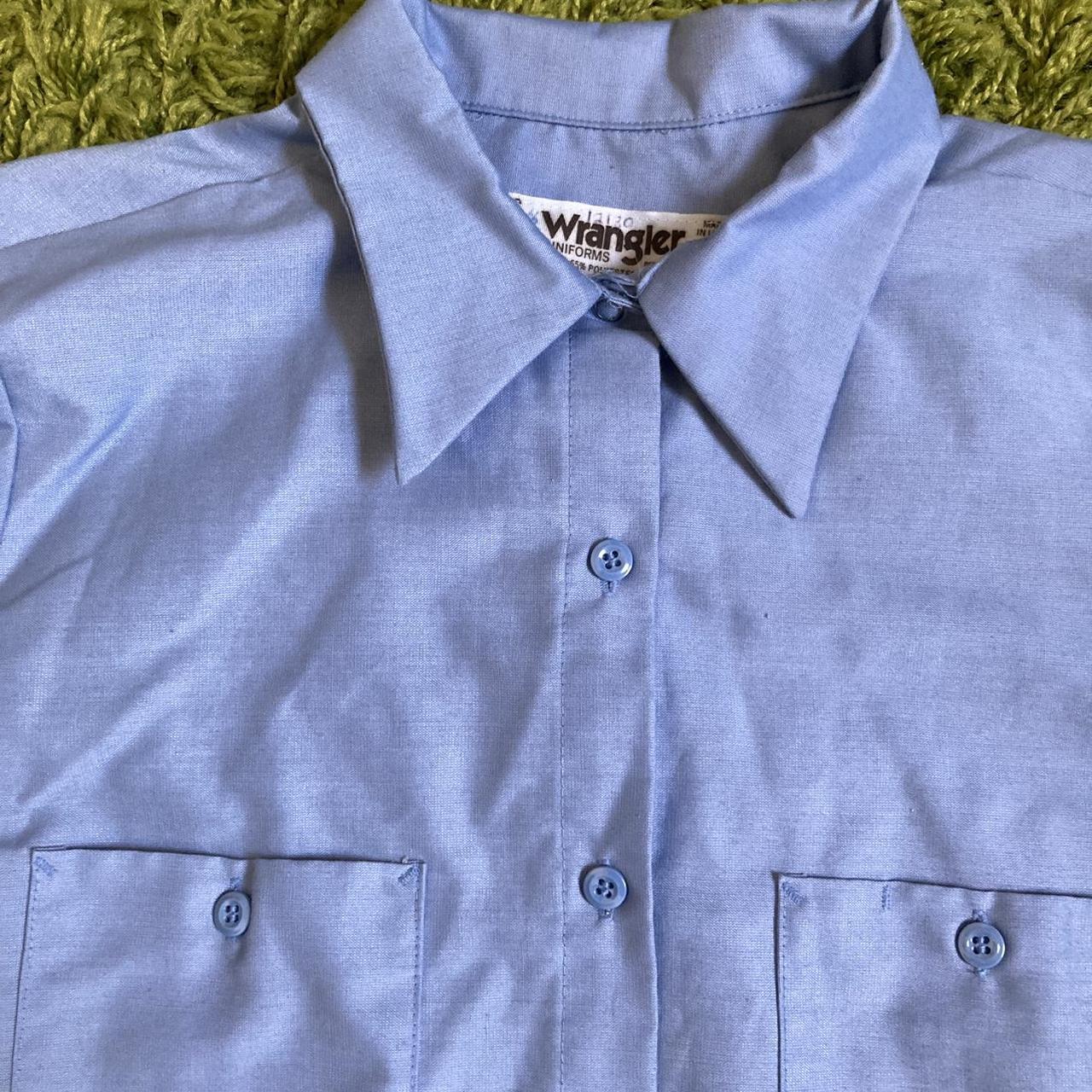Vintage wrangler uniform blue button down short... - Depop
