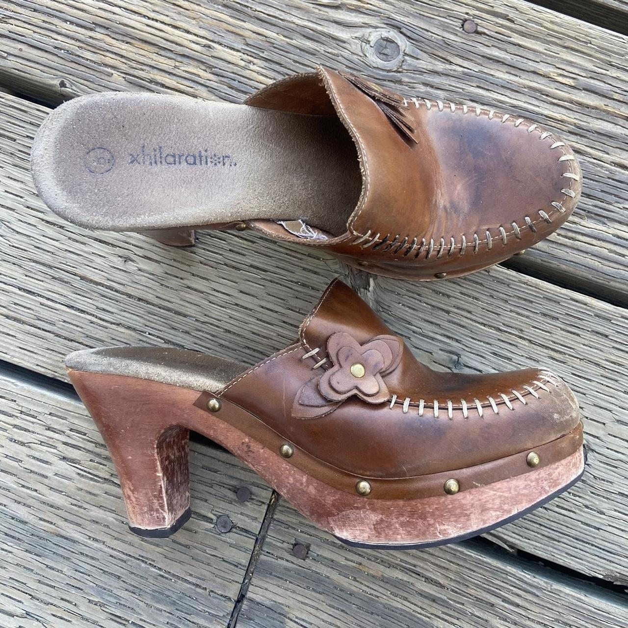 vintage 90s brown leather flower clogs by... | Depop