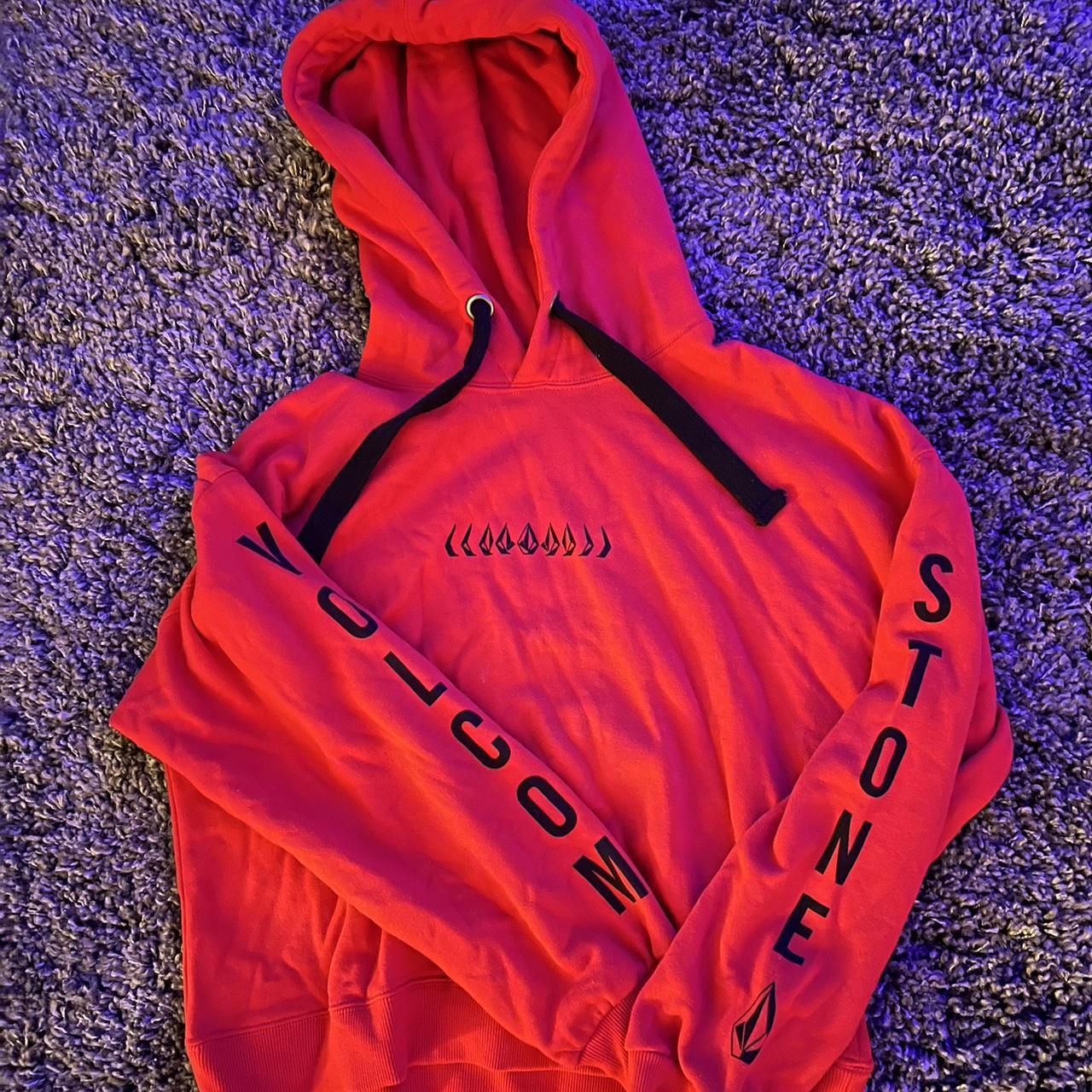 cute red volcom hoodie with sleeve detail - Depop