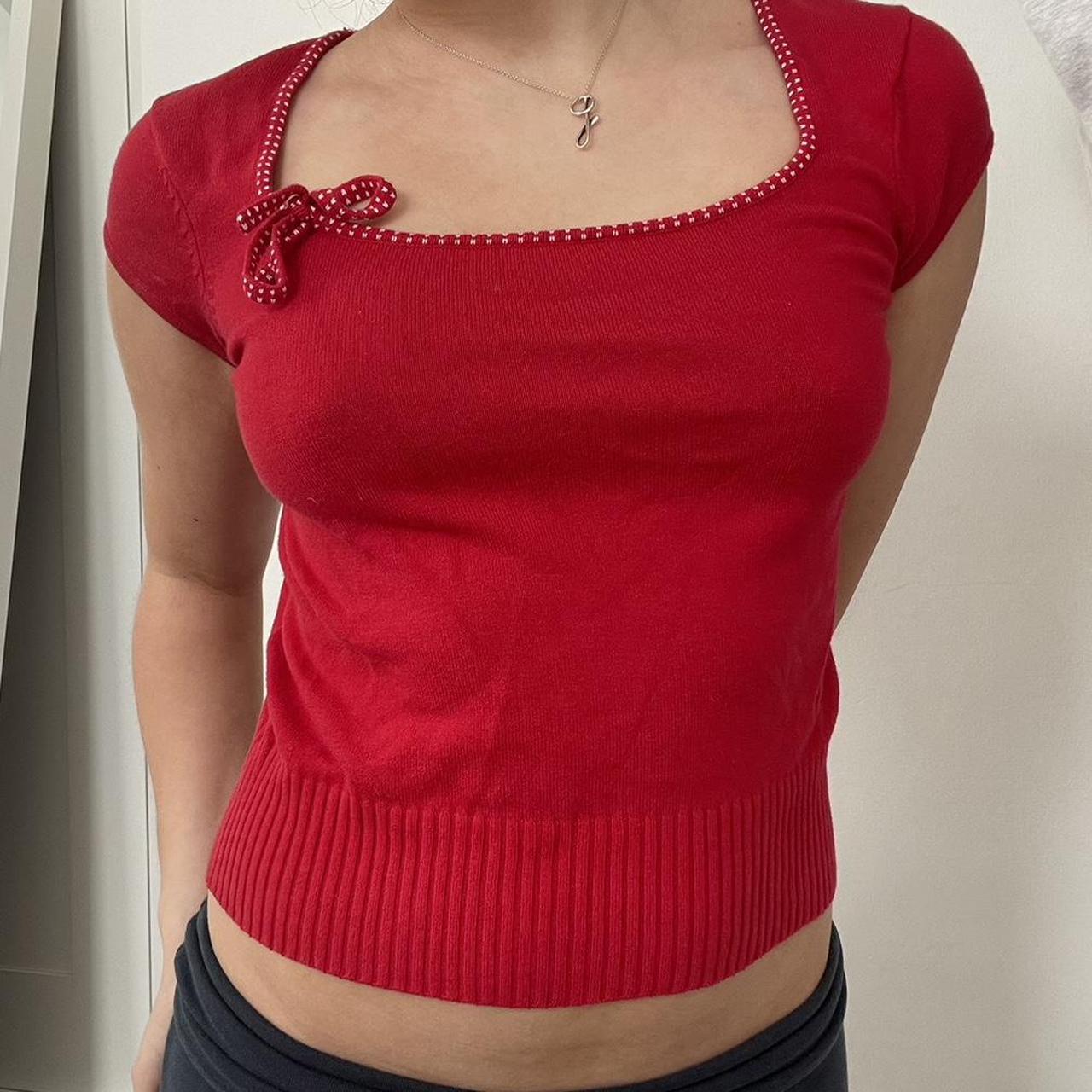 vintage river island red knit top with polka dot bow... - Depop