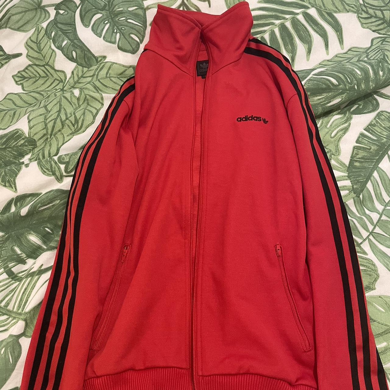 Red and black adidas three stripe track zip up... - Depop