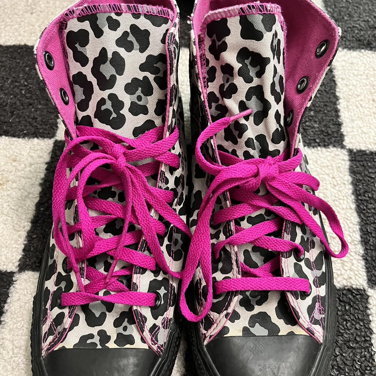 Custom leopard print converse with magenta laces in... - Depop