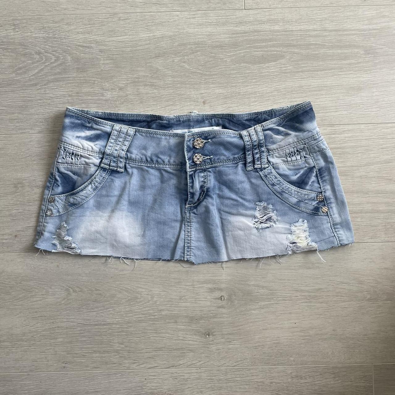 2000s y2k low rise denim distressed micro mini skirt... - Depop