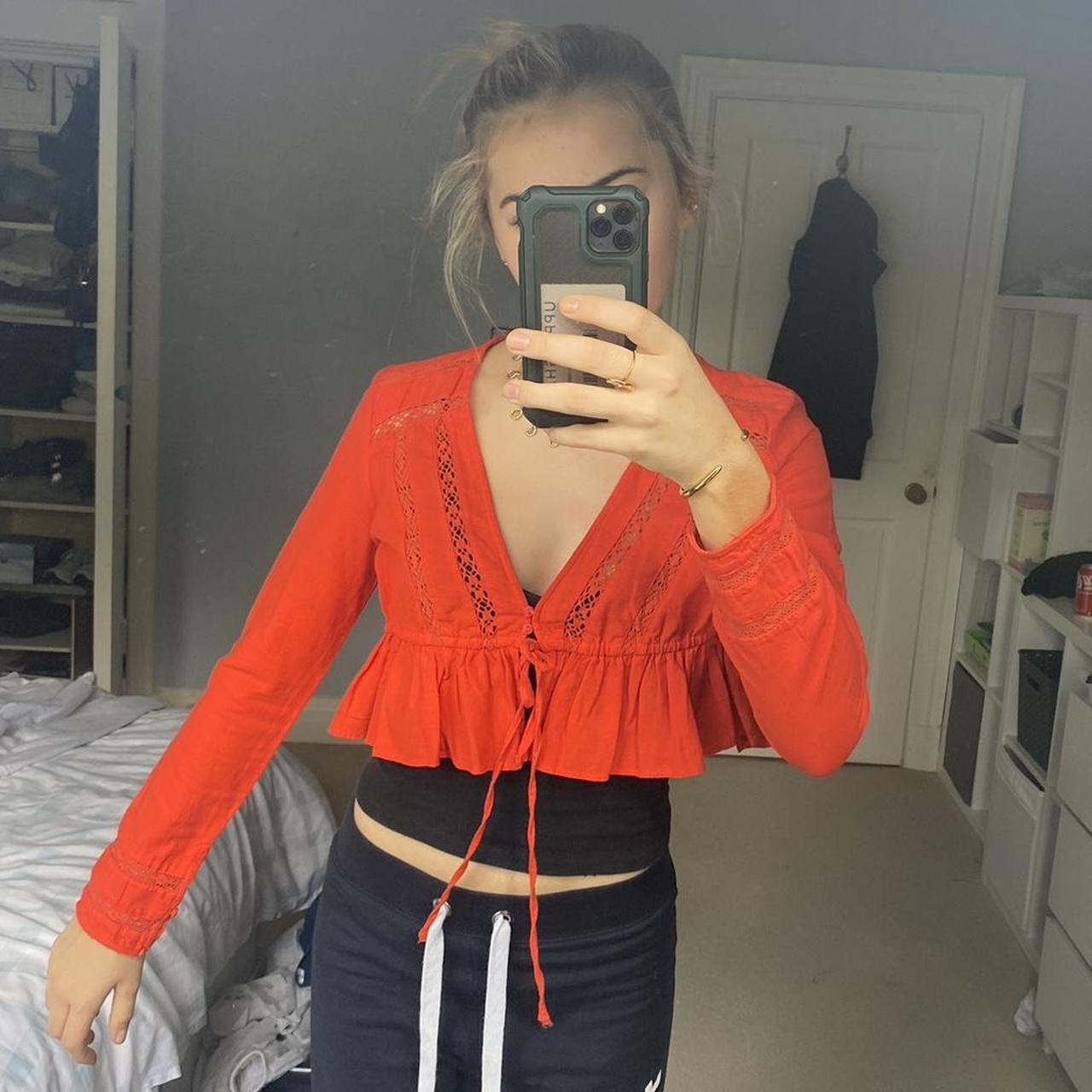 Bright red blouse from Urban outfitters size 6 linen... - Depop