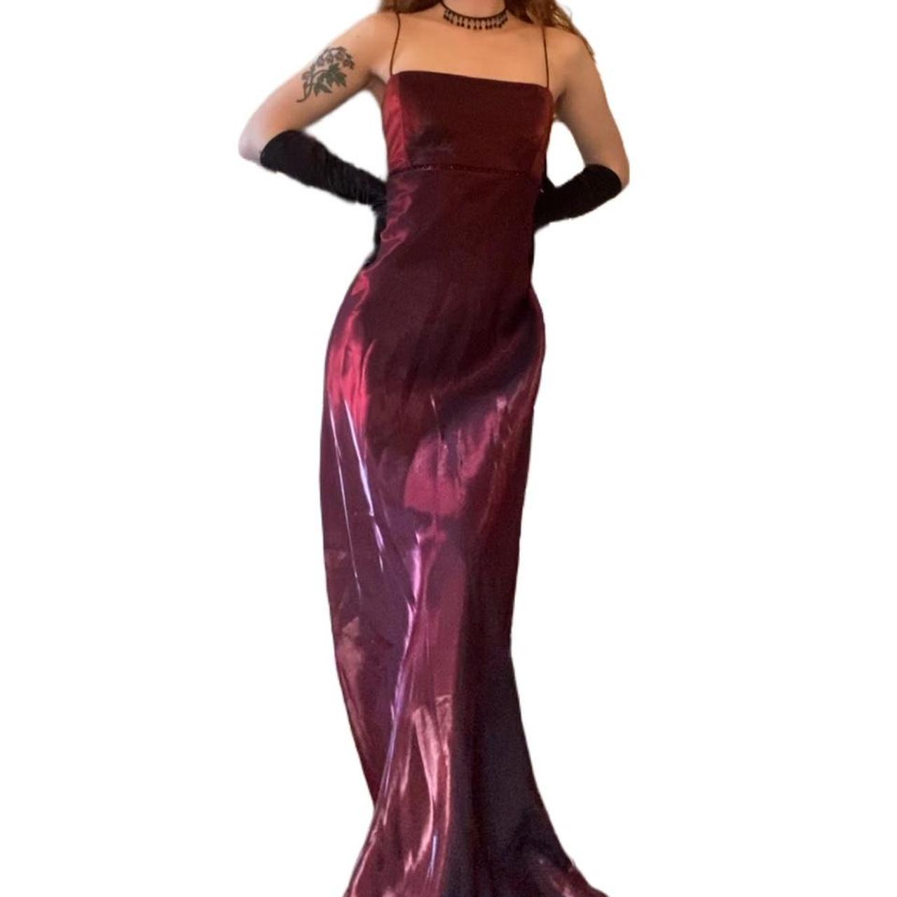 Wine red 90s slim overlay dress with a shiny sheen... | Depop