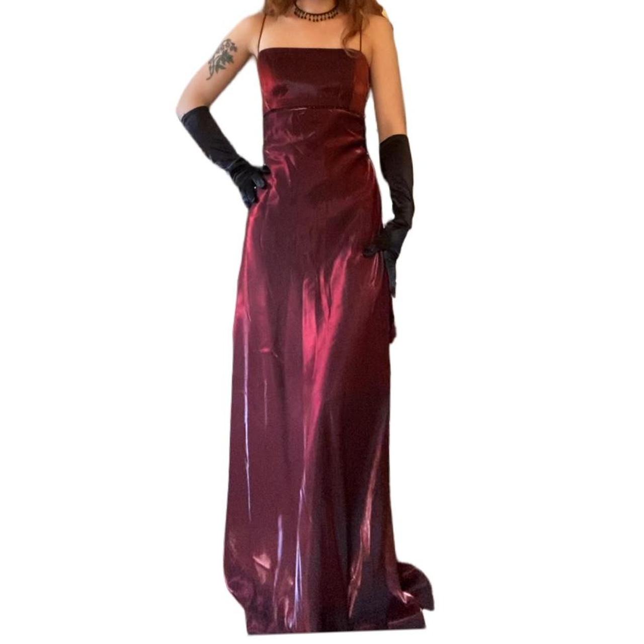 Wine red 90s slim overlay dress with a shiny sheen... | Depop