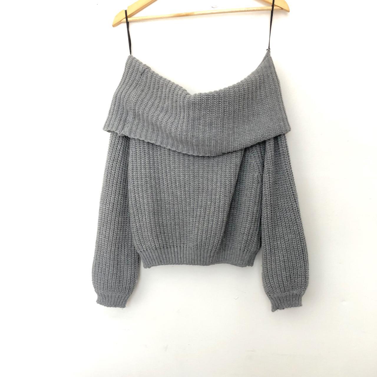 Lulus Carmichael Heather Grey Off-the-Shoulder Knit... - Depop