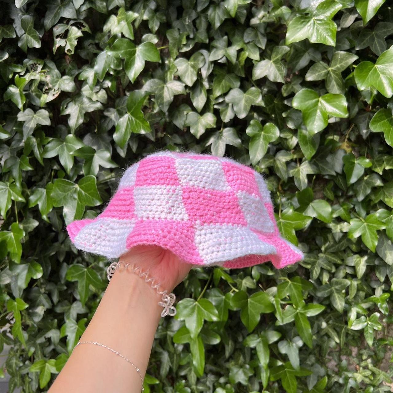 Handmade Pink and White Checkered Crochet Bucket Hat... - Depop