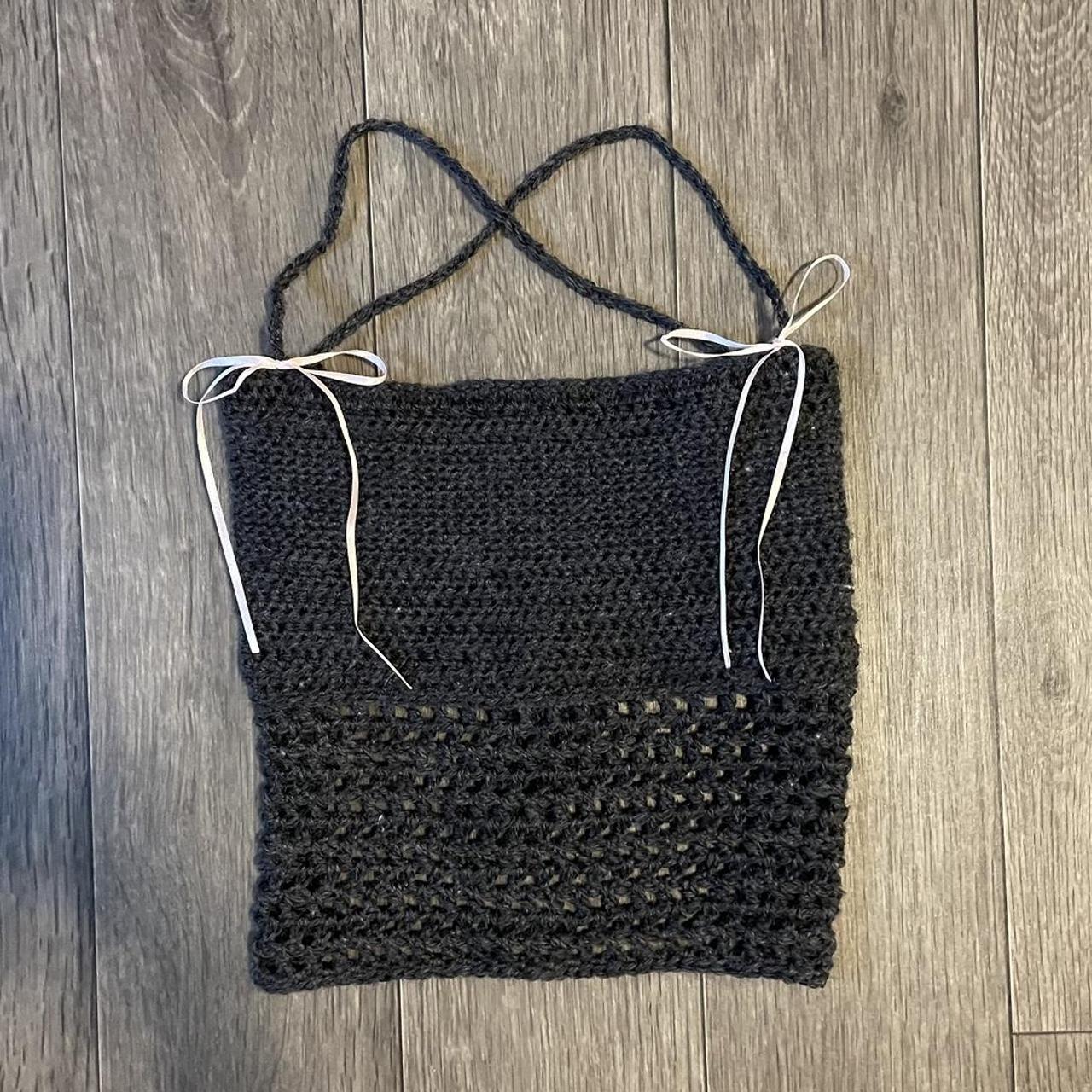 crochet tie back tank top w/ mesh paneling and cute... - Depop