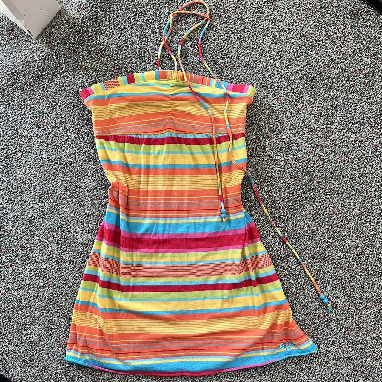 Roxy y2k striped summer dress with halter straps and... - Depop