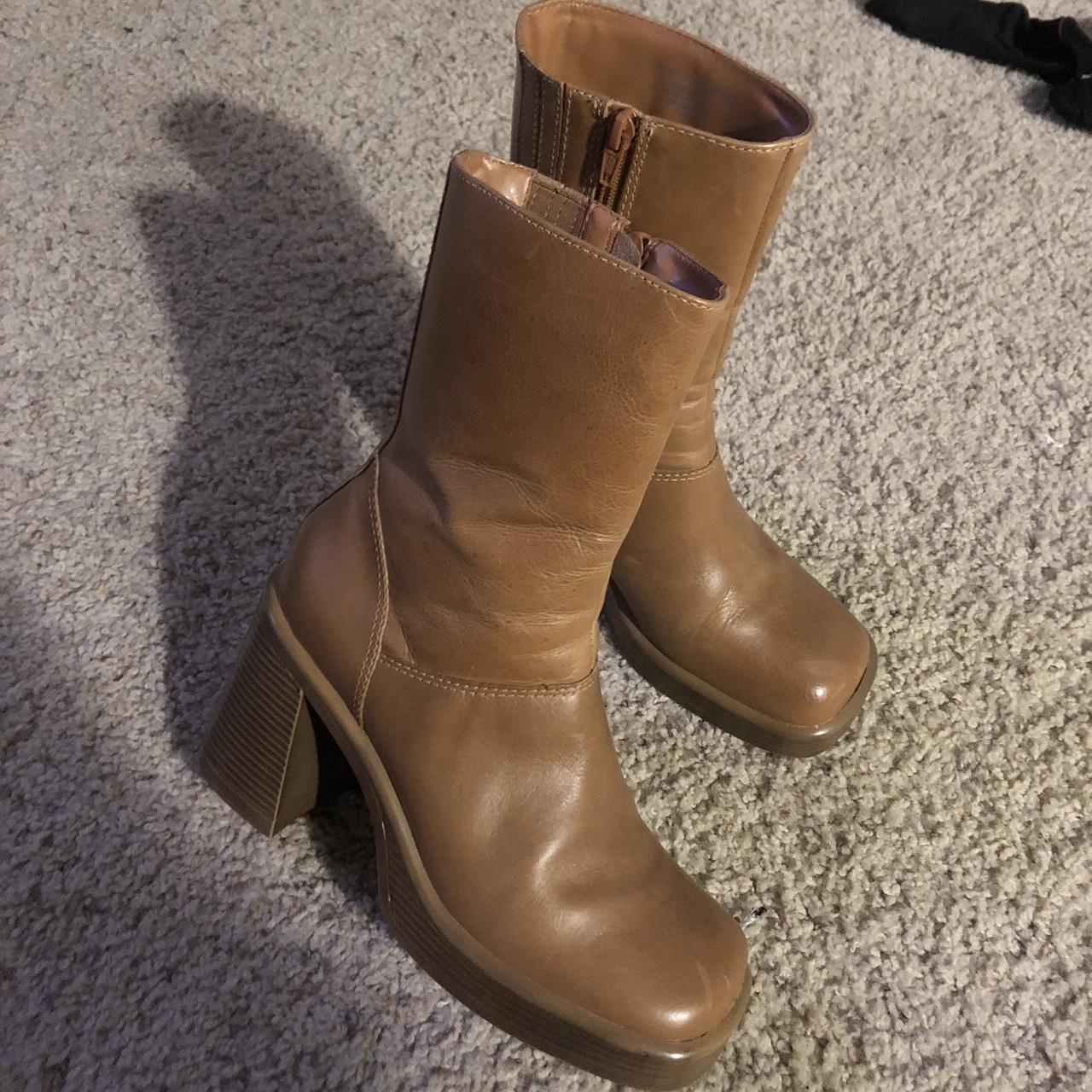 Caramel Brown leather Boots Square Toe Slight... - Depop