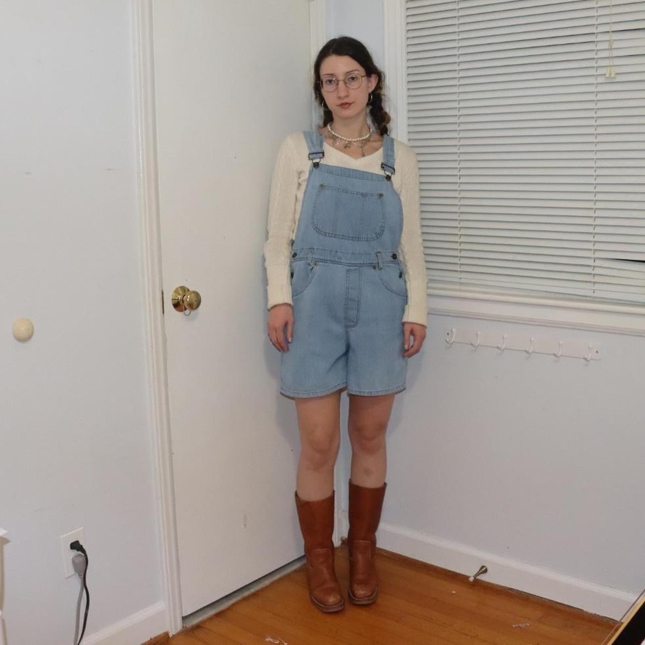 vintage shorts overalls 💘 ♡ faded light wash blue... - Depop
