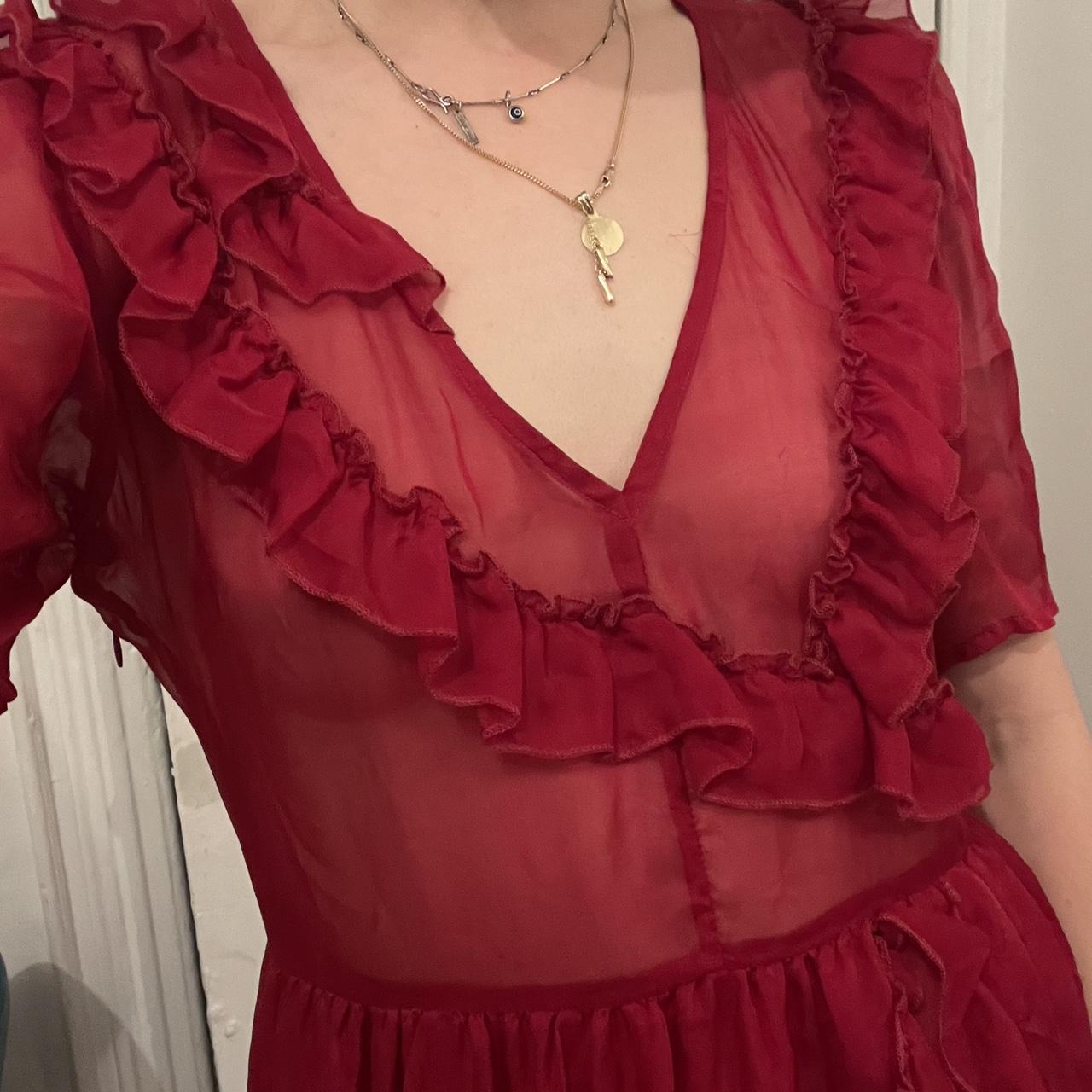 Lonely Label sheer red silk dress with ruffles Shown... - Depop
