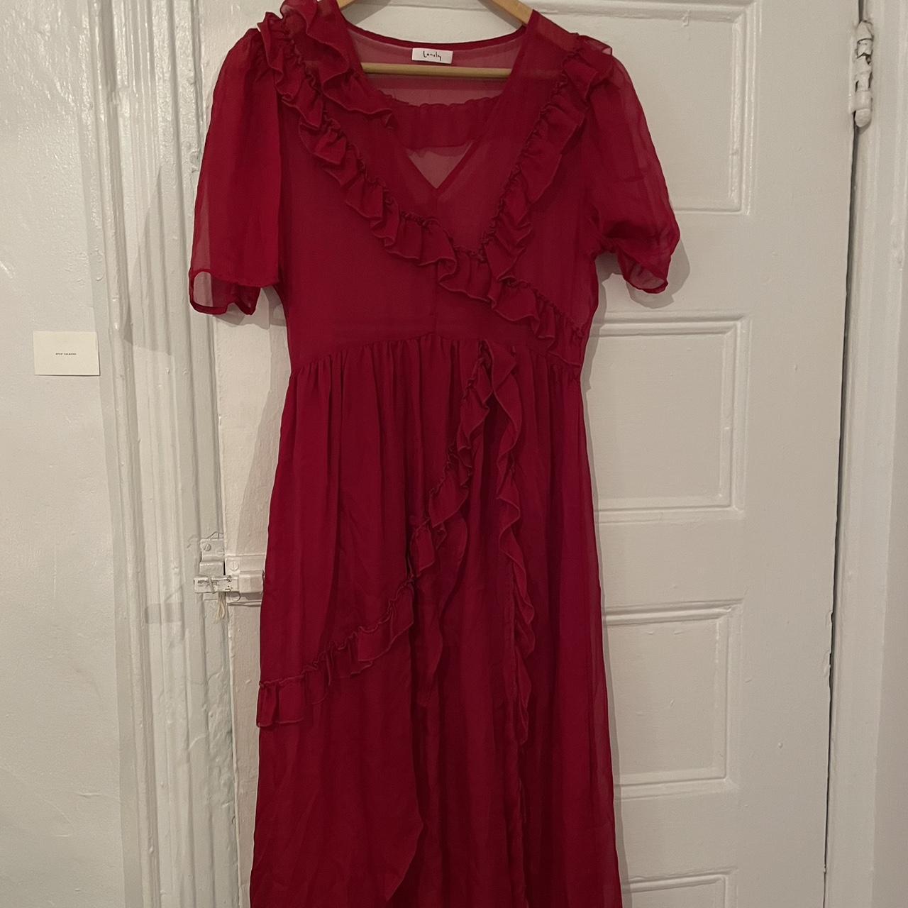 Lonely Label sheer red silk dress with ruffles Shown... - Depop