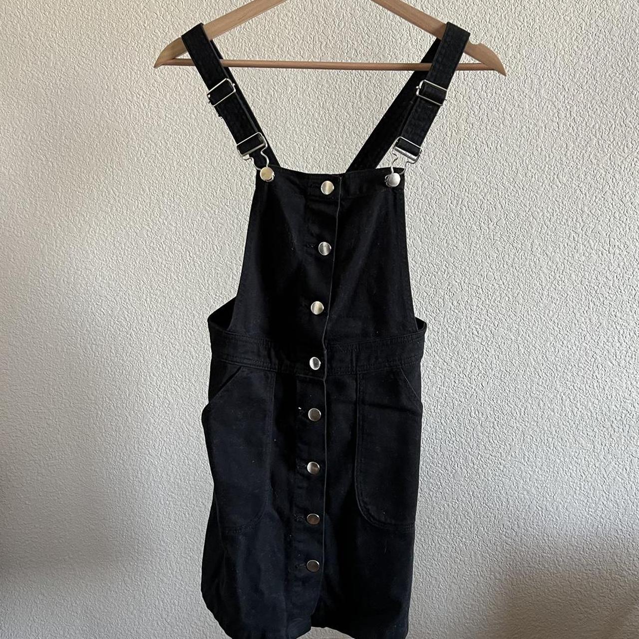 black denim overall dress // size: 4 // worn a few... - Depop