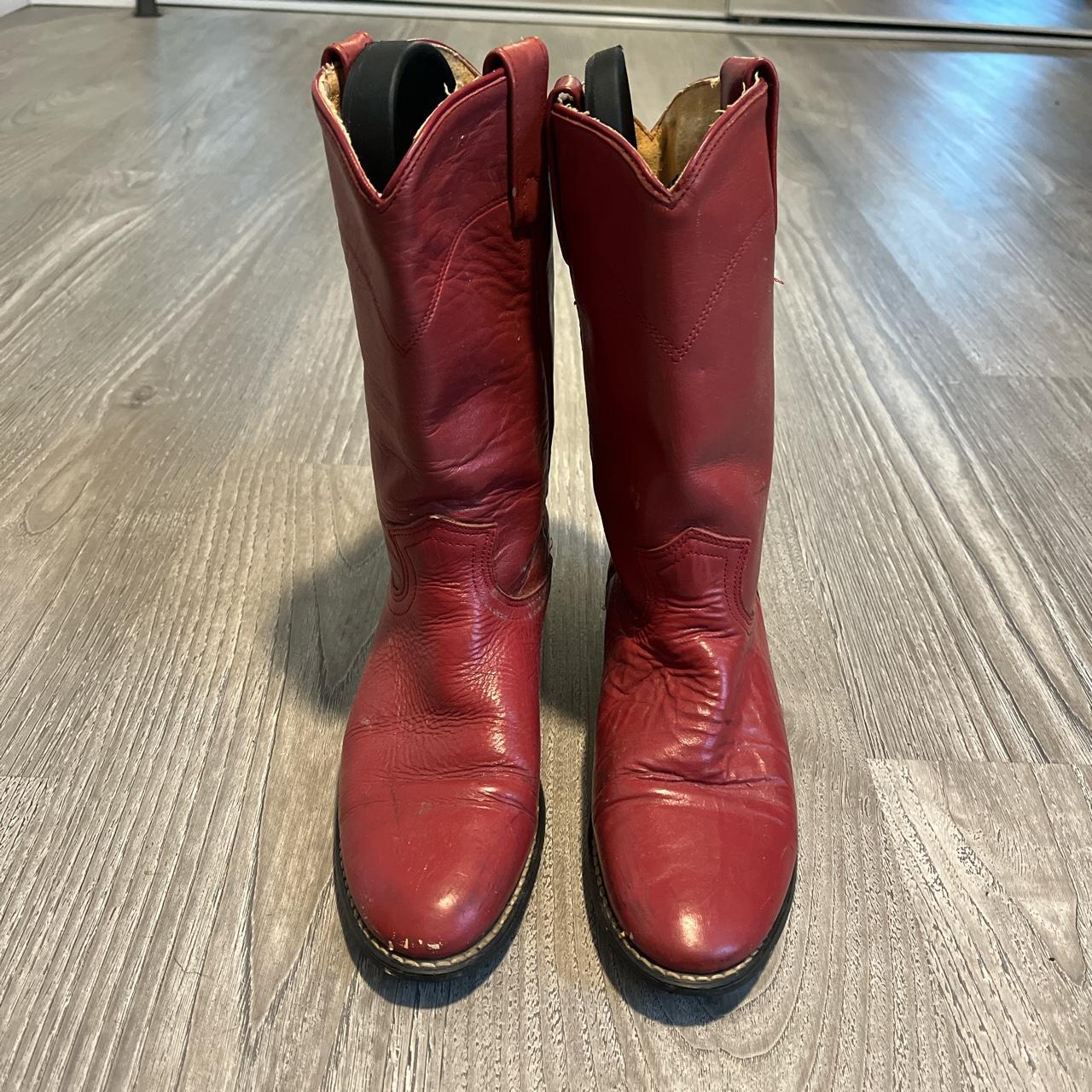 Red work boots by Justin. Western vibe. Worn in... - Depop