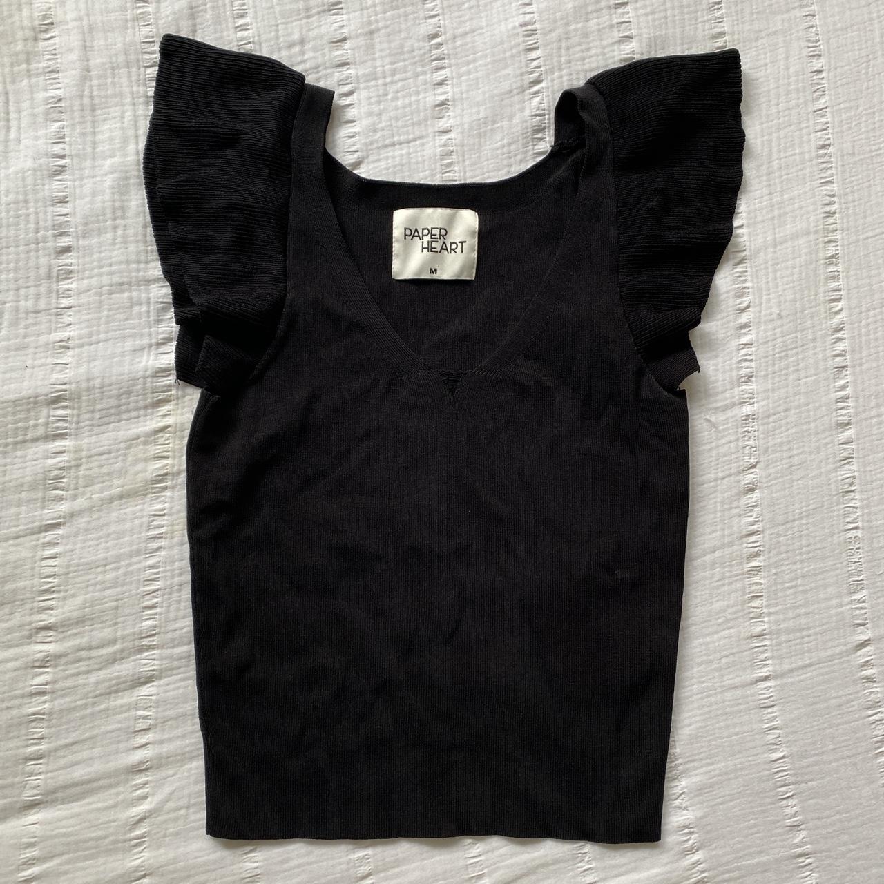 black ruffle sleeve tank top stretchy material... - Depop