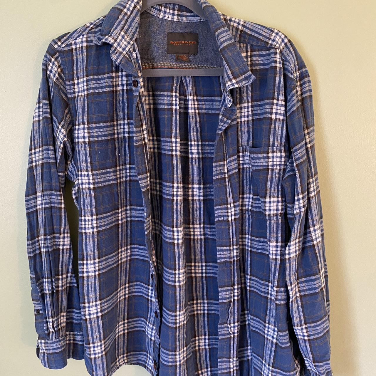 blue and brown preloved flannel size large brand is... - Depop