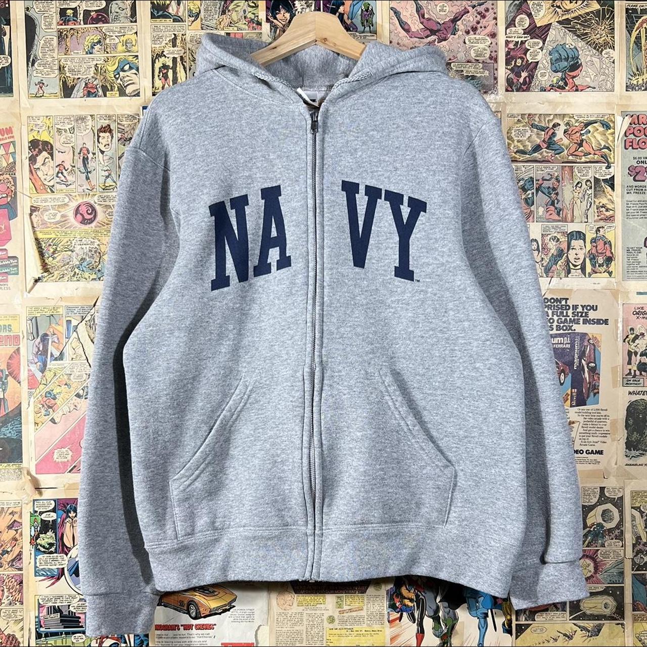Essential Grey US Military Navy Zip Up Hoodie... - Depop