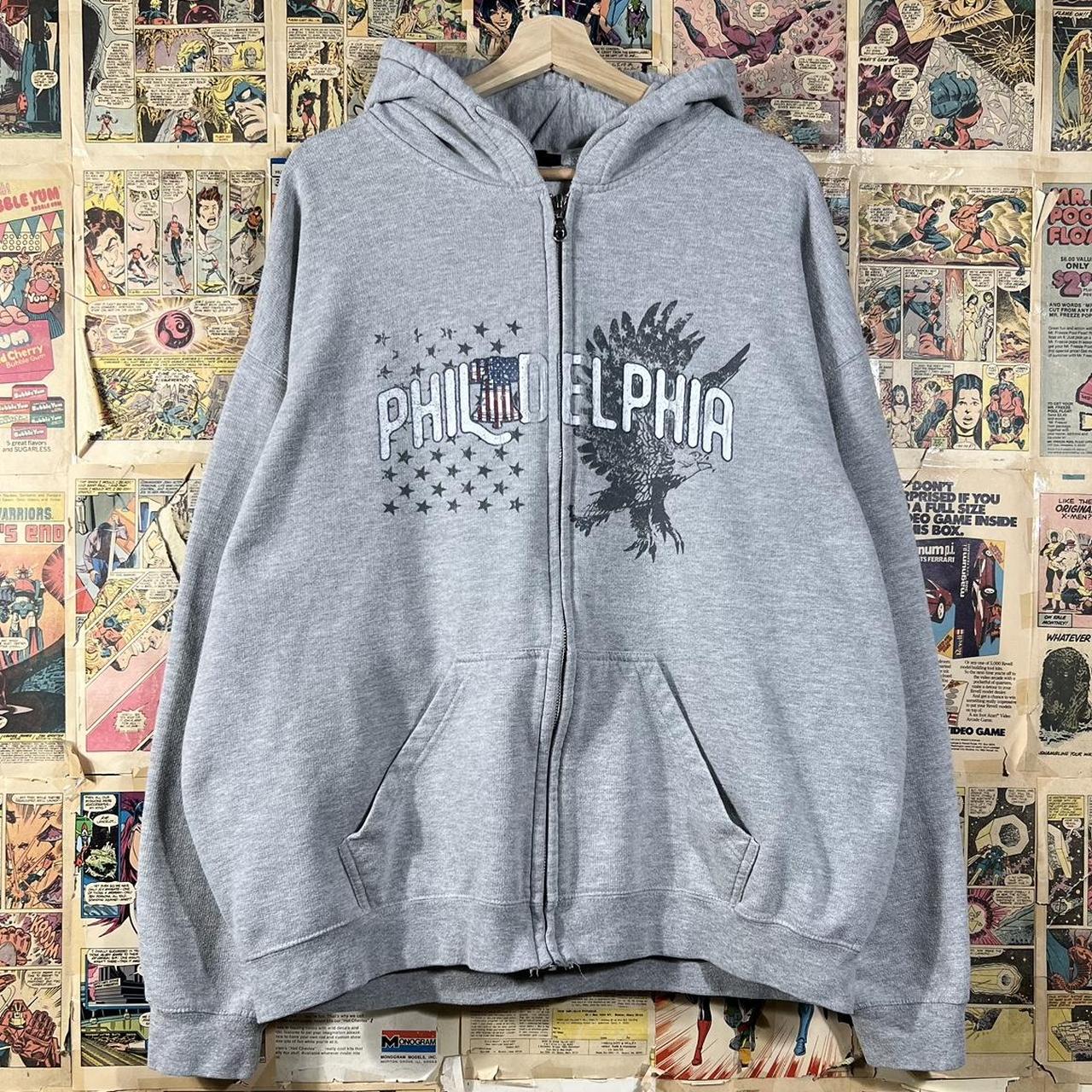 Essential Grey Philadelphia Bald Eagle Zip Up Hoodie... - Depop