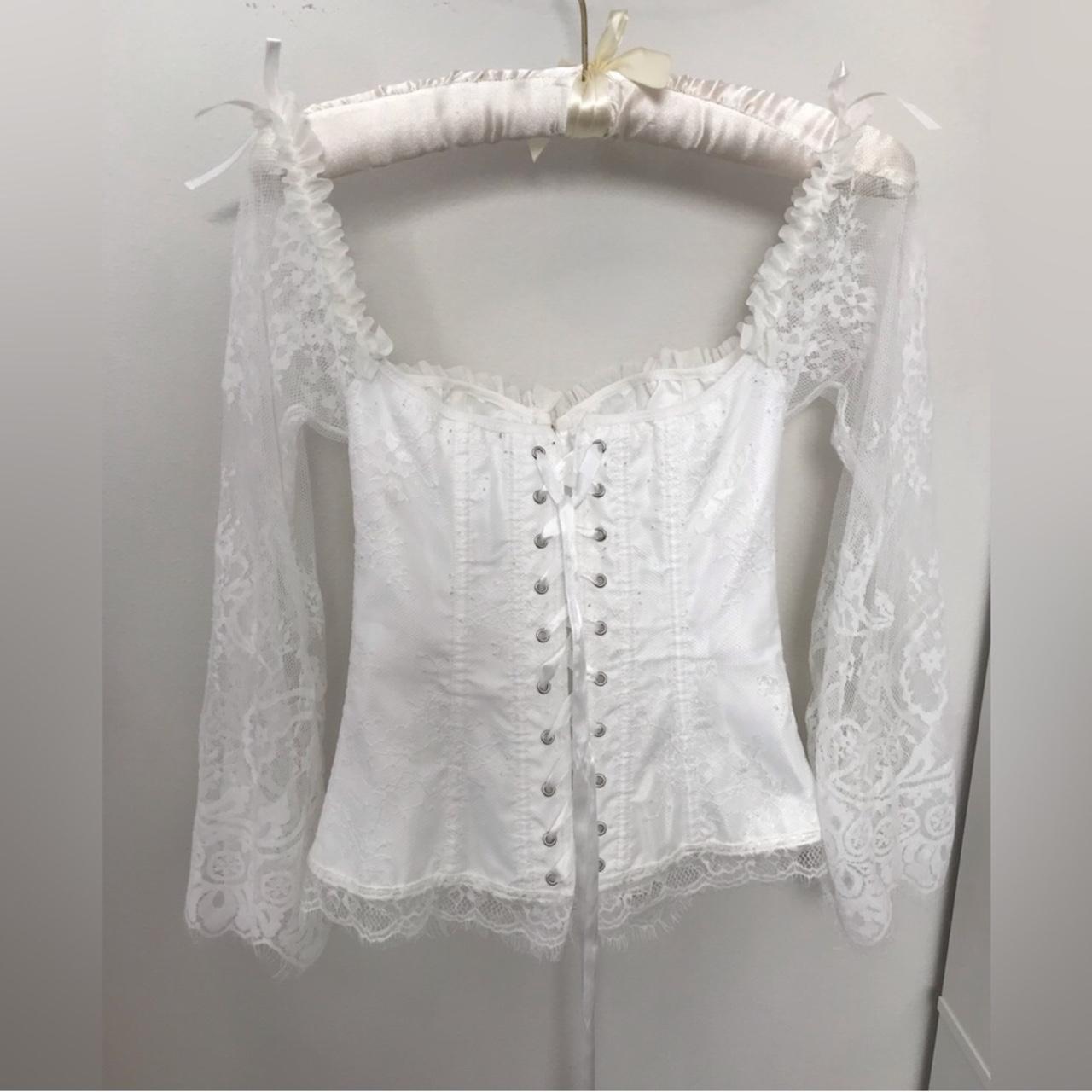 white lace coquette corset with lace sleeves has... - Depop